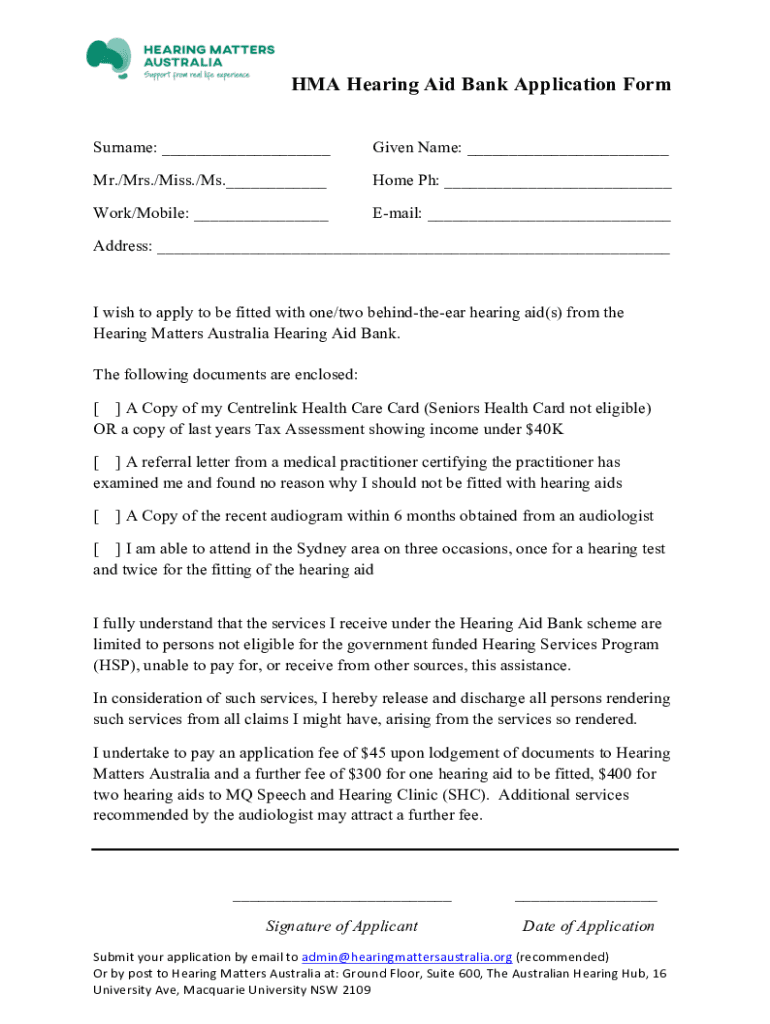 Fillable Online HMA Hearing Aid Bank Application Form Fax Email Print - pdfFiller
