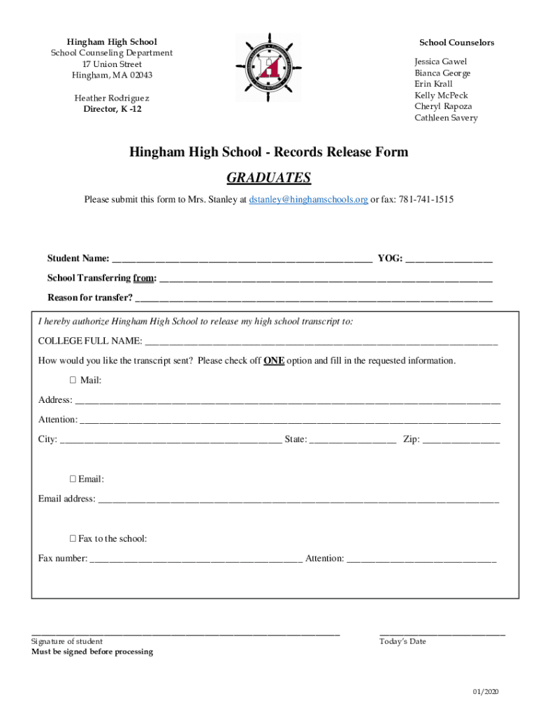 Fillable Online Hingham High School - Records Release Form Fax Email ...
