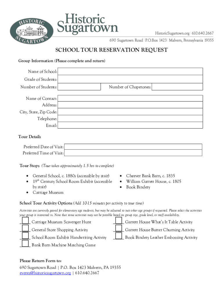Fillable Online PA Historic Sugartown School Tour Information Sheet ...