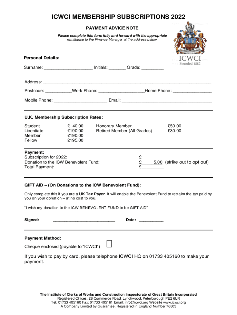 Fillable Online PAYMENT ADVICE NOTE - icwci.org Fax Email Print - pdfFiller