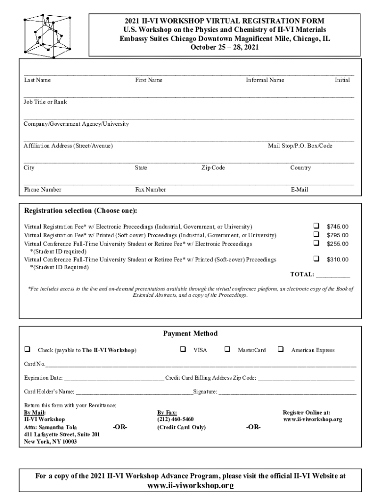 Fillable Online 2021 II-VI WORKSHOP VIRTUAL REGISTRATION FORM U.S ...