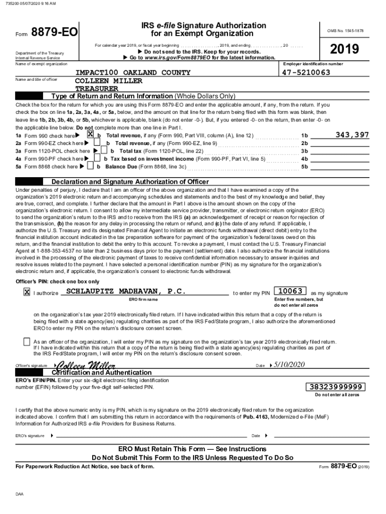 Fillable Online Fillable Online 8879-EO IRS for an Exempt Organization ...
