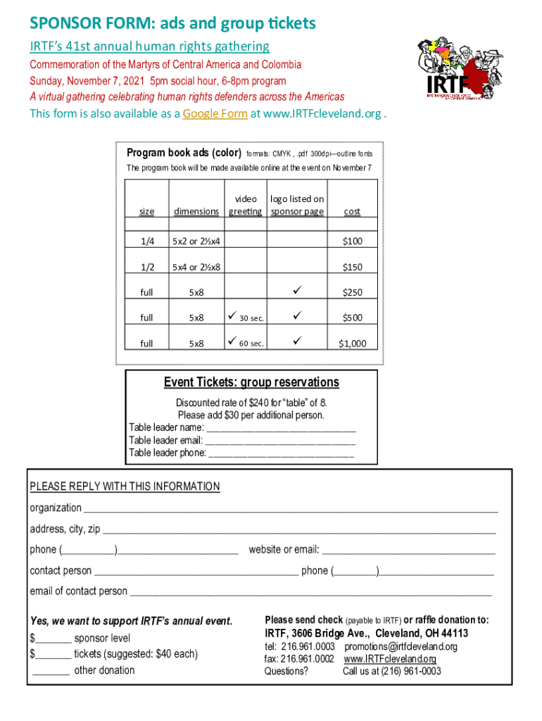 Fillable Online SPONSOR FORM: ads and group tickets Fax Email Print ...
