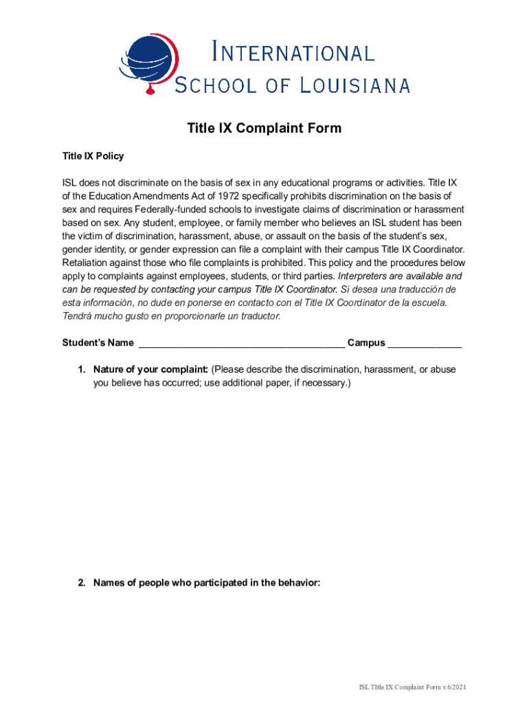 Fillable Online Fillable Title IX Complaint Form Fax Email Print - pdfFiller