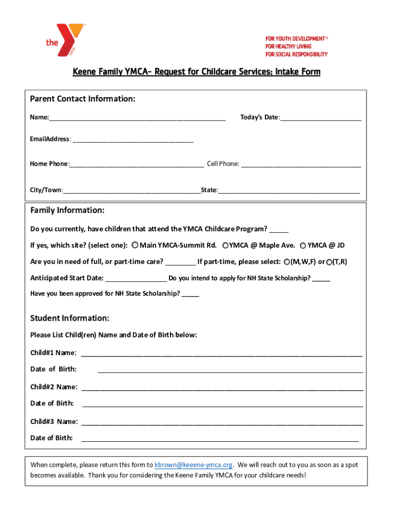 Fillable Online Keene Family YMCA- Request for Childcare Services ...