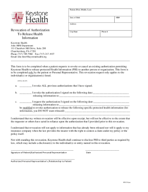 Fillable Online Revocation of Authorization To Release Health ...