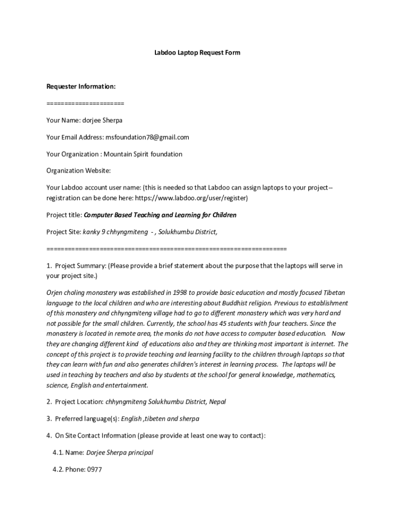 Fillable Online Labdoo Laptop Request Form Requester Information Fax ...