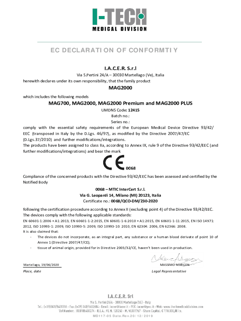 Fillable Online EC DECLARATION OF CONFORMTIY - itechmedicaldivision.com Fax Email Print - pdfFiller