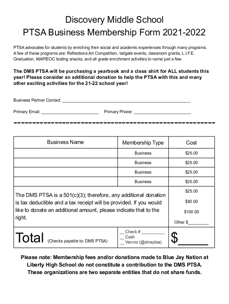 Fillable Online PTSA Business Membership Form 21-22 Fax Email Print ...