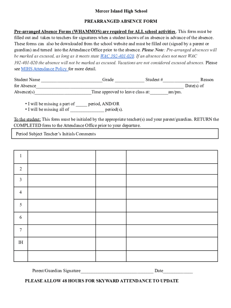 Fillable Online Fillable Online Pre-arranged Absence Forms (WHAMMOS ...