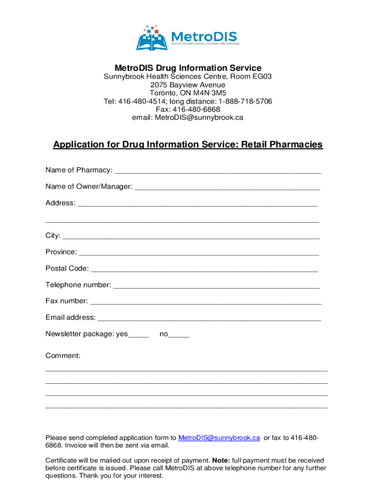 Fillable Online Application for Drug Information Service: Retail ...