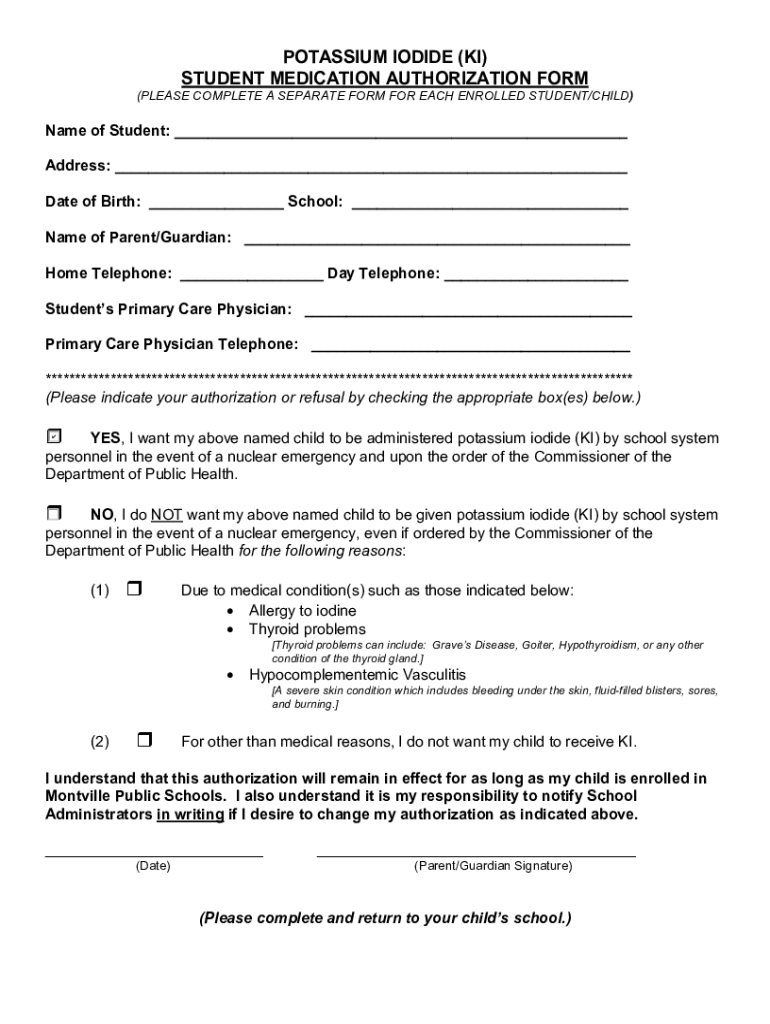 Fillable Online Potassium Iodide (KI) Student Medication Authorization ...