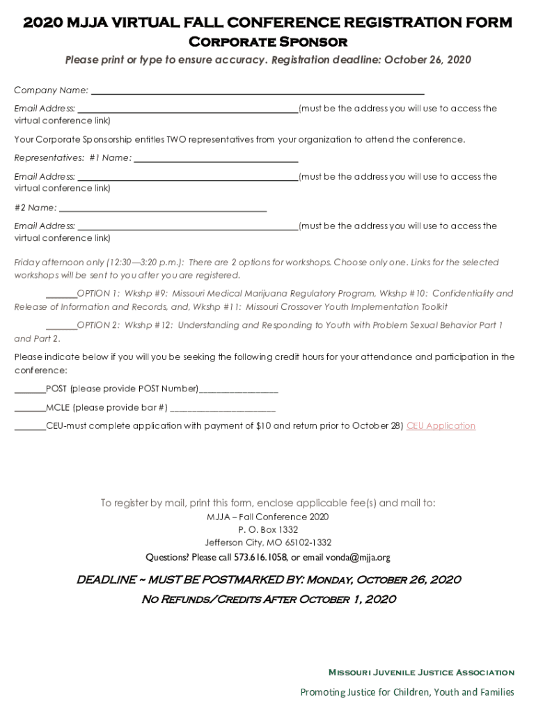 Fillable Online 2020 MJJA VIRTUAL FALL CONFERENCE REGISTRATION FORM ...