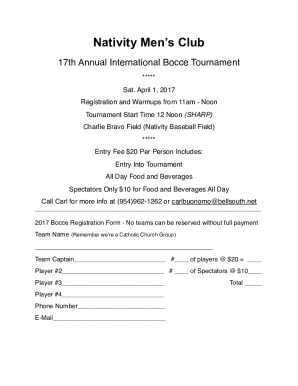 Fillable Online 2017 Bocce Tournament Registration Form Fax Email Print - pdfFiller