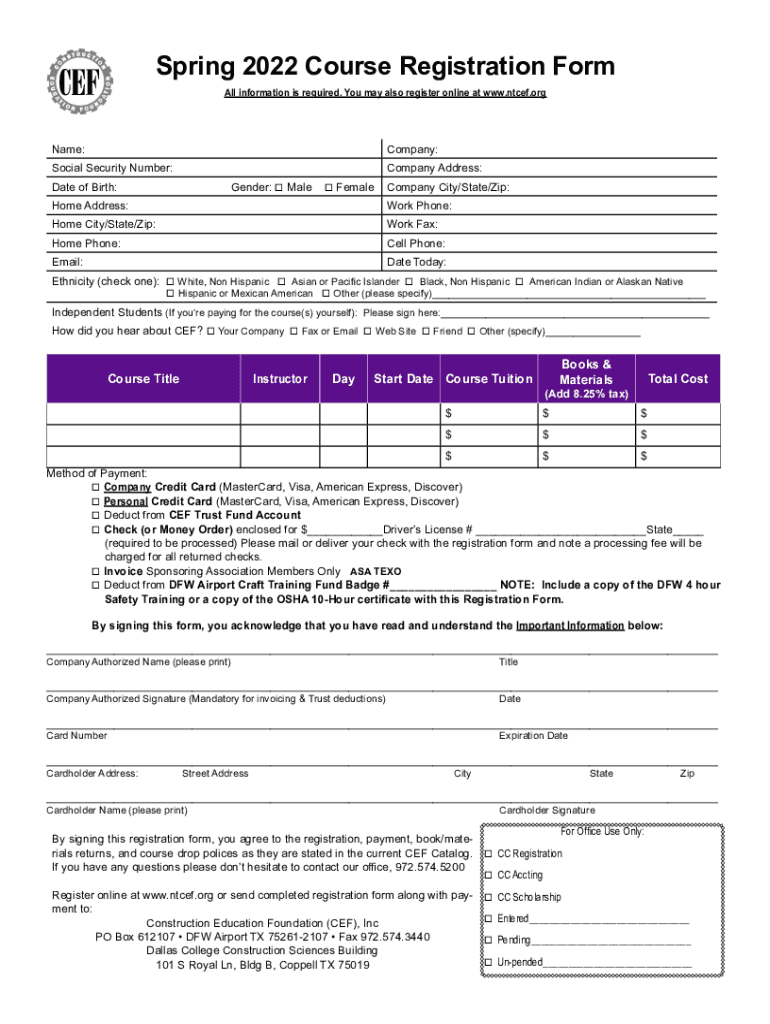 Fillable Online Spring 2022 Course Registration Form - ntcef.org Fax ...