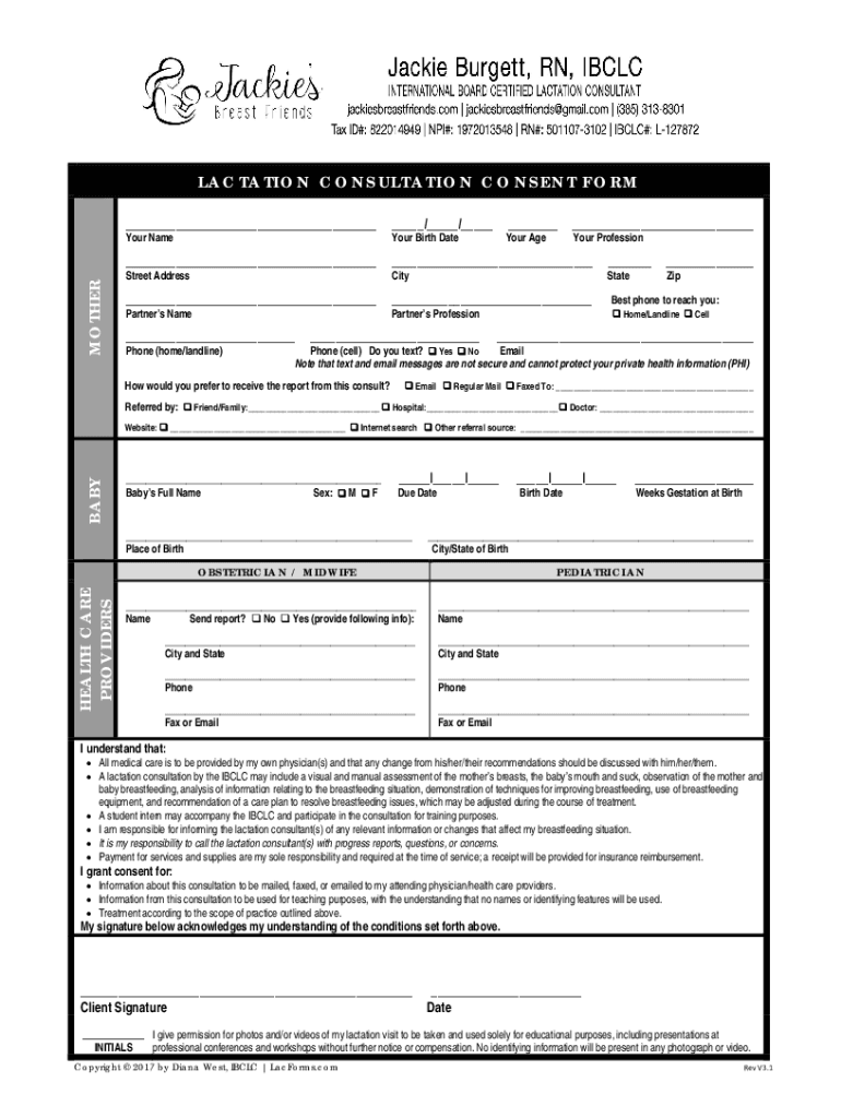 Fillable Online LACTATION CONSULTATION CONSENT FORM (MULTIPL ES) Fax ...