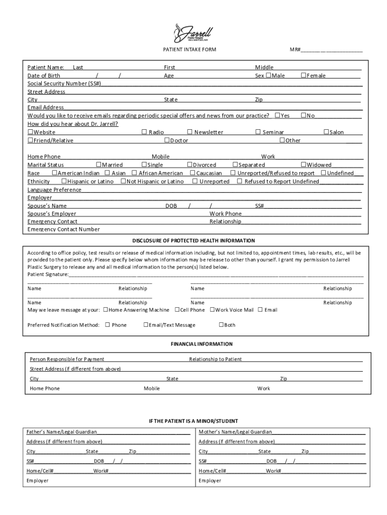 Fillable Online Patient Intake Form - Jarrell Plastic Surgery Fax Email ...