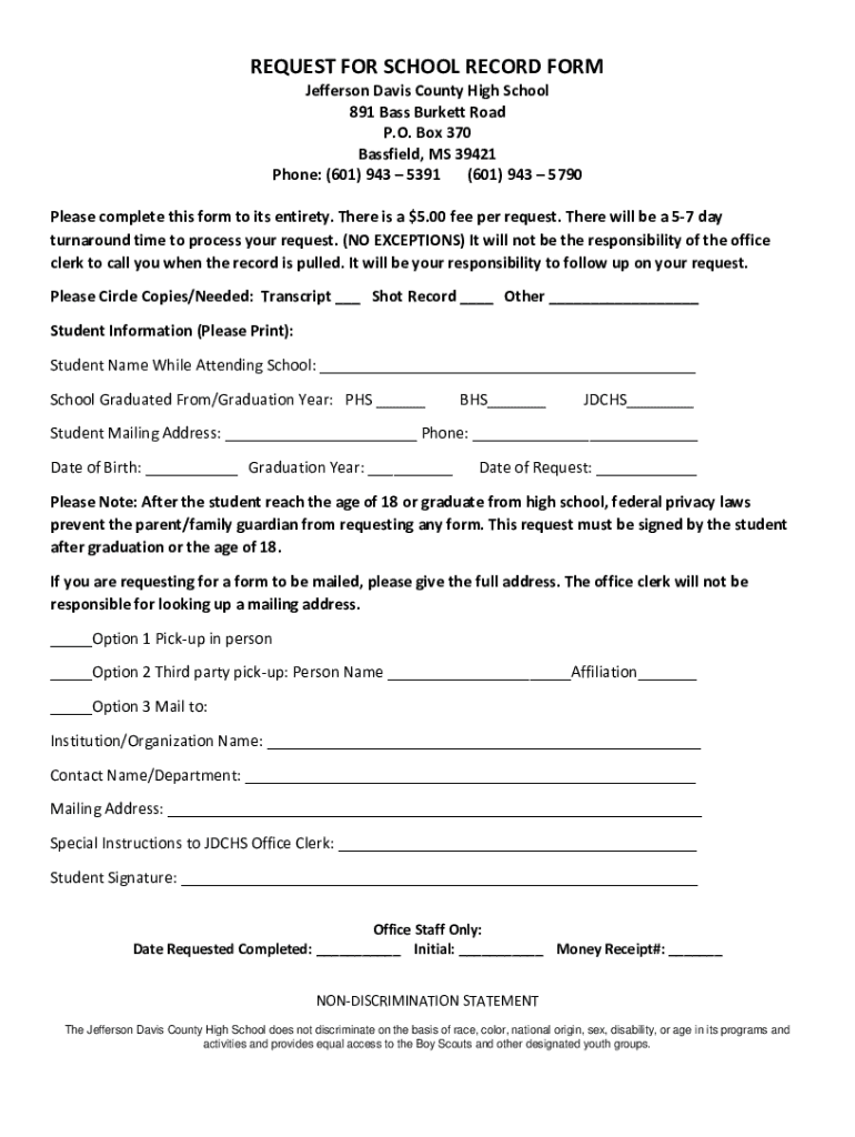 Fillable Online Request for School Record Form - Jefferson Davis County ...