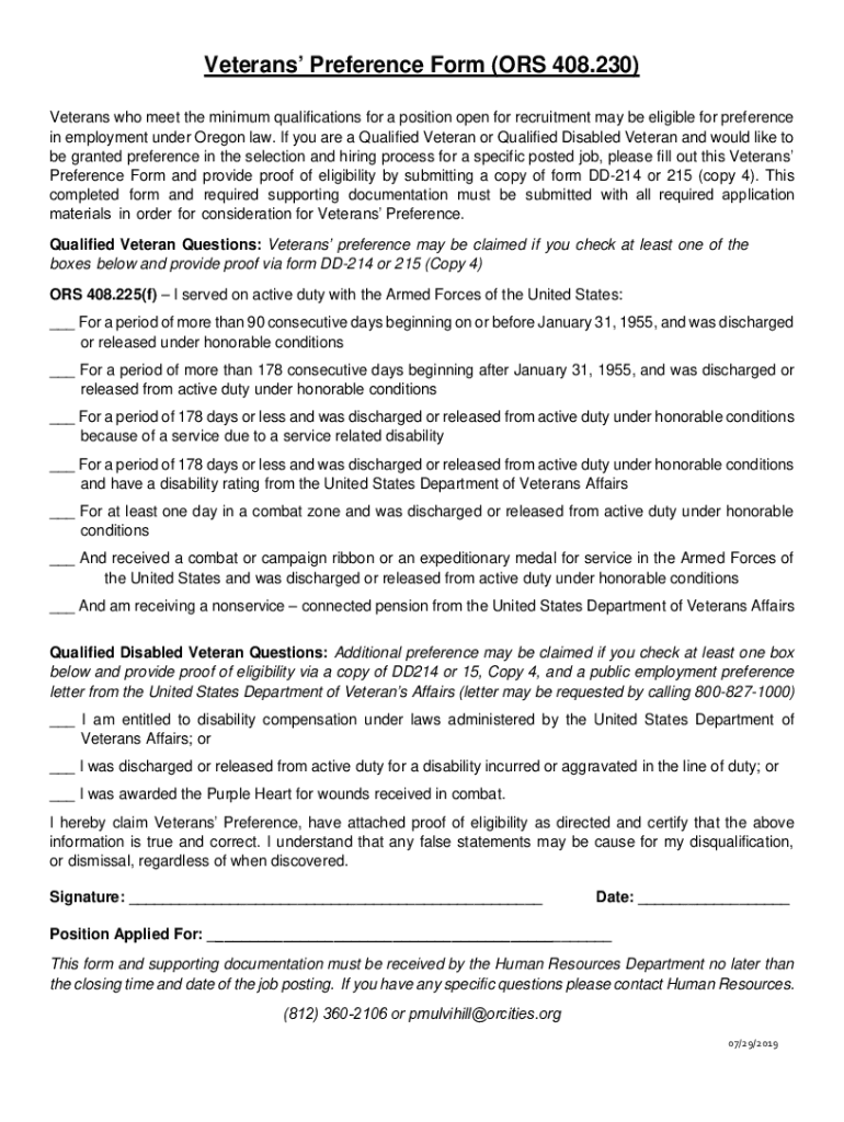 Fillable Online Veterans Preference Form (ORS 408.230) Fax Email Print ...