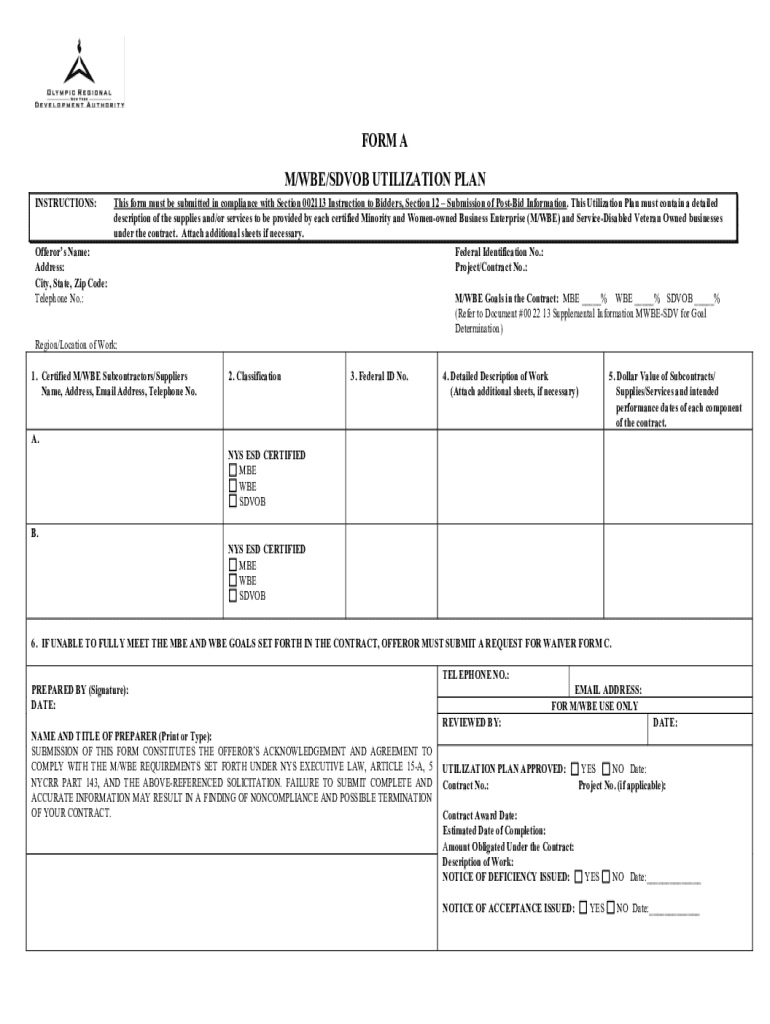 Fillable Online Form A - M/WBE/SDVOB Utilization Plan. Form A - M/WBE ...