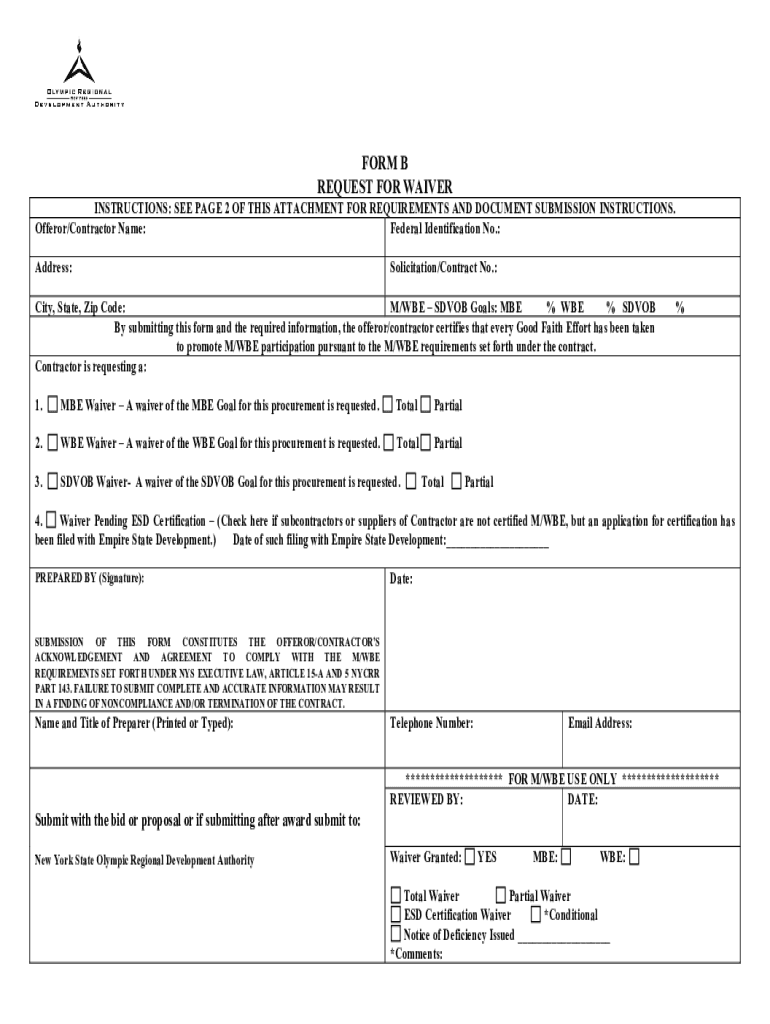 Fillable Online Form B - M/WBE/SDVOB Request for Waiver. Form B - M/WBE ...