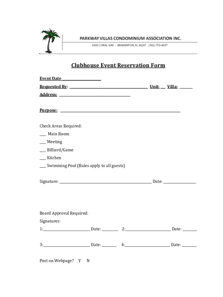Fillable Online Clubhouse Event Reservation Request Form Fax Email ...