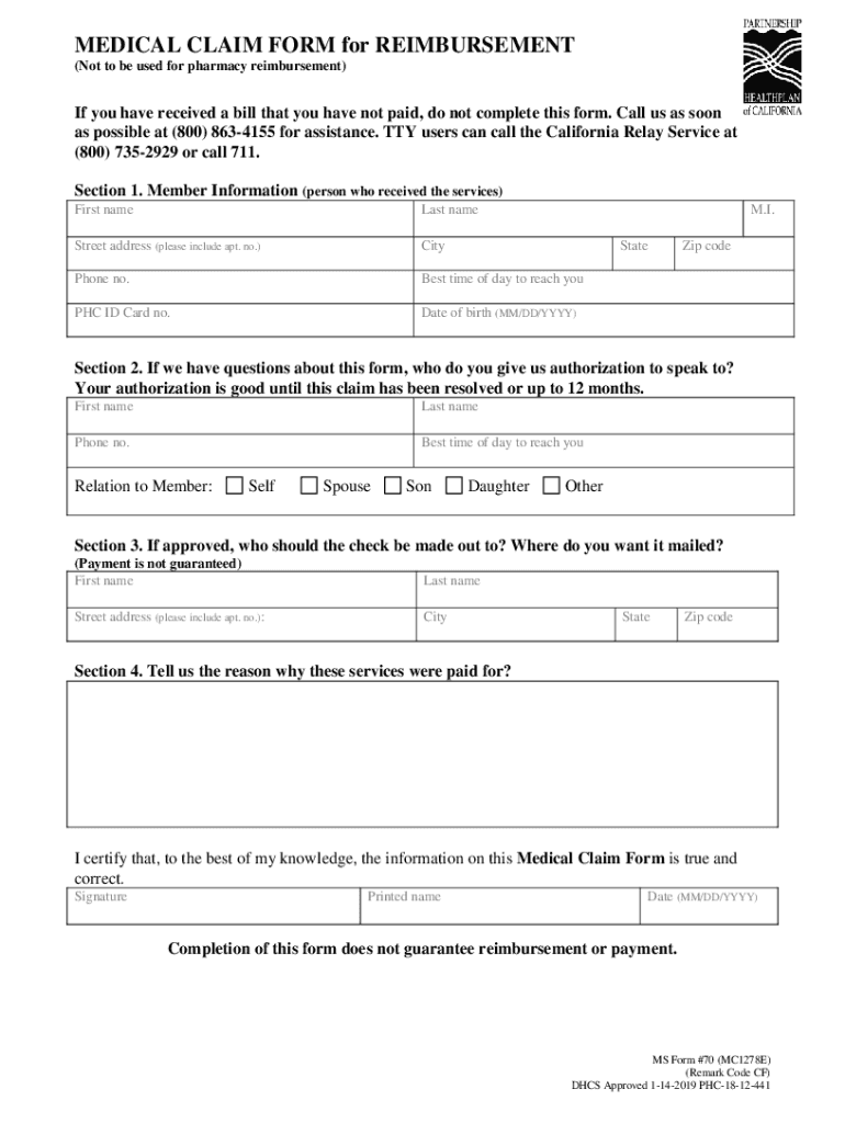 Fillable Online MEDICAL CLAIM FORM for REIMBURSEMENT Fax Email Print ...