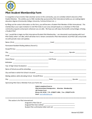 Fillable Online Pilot Student Membership Form - pilotflorida.org Fax ...
