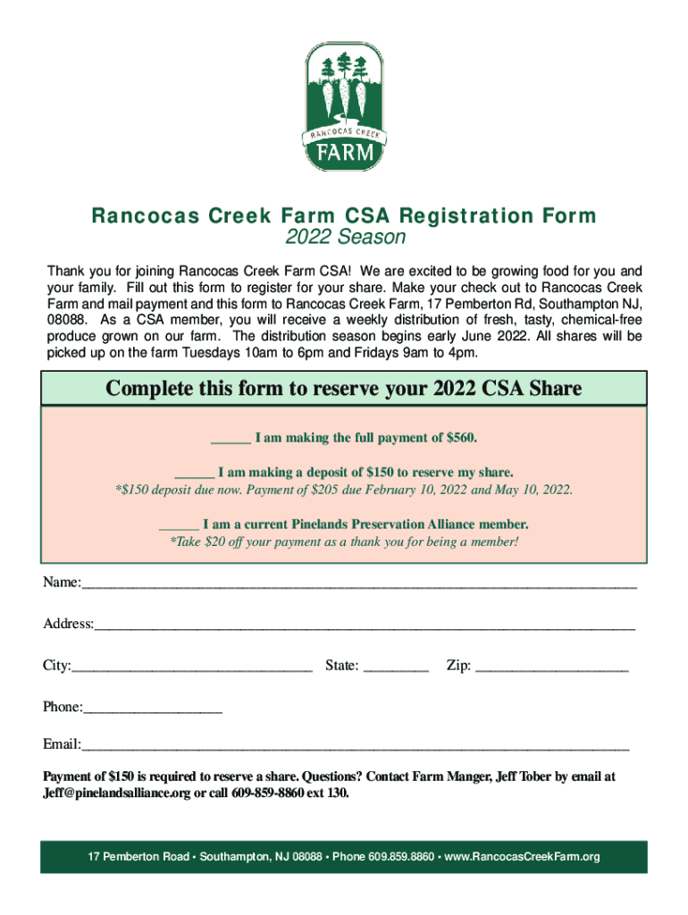 Fillable Online Fox Creek Farm 2022 Season, CSA Membership Form ... Fax Email Print - pdfFiller