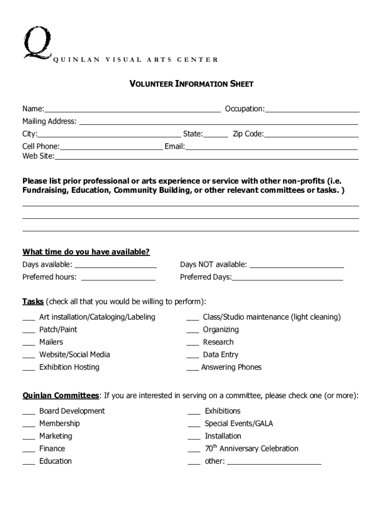 Fillable Online Volunteer Information Sheet 2016 Fax Email Print ...