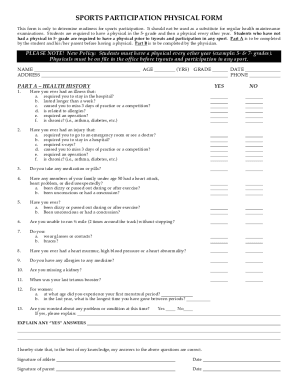 Fillable Online Physical Form for Athletic Participation and Other ...