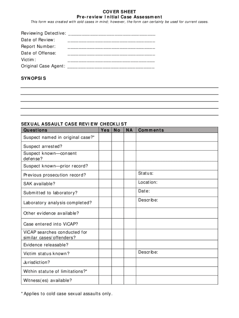 Fillable Online COVER SHEET Pre-review Initial Case Assessment This ...