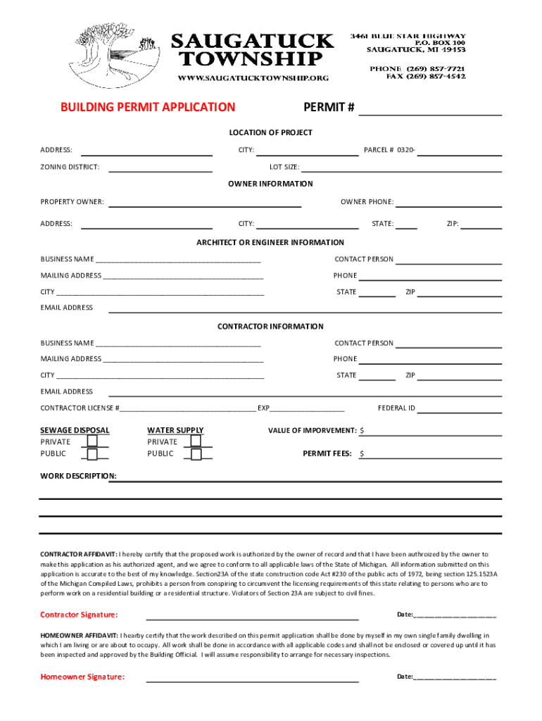 Fillable Online SAUGATUCK TOWNSHIP BUILDING PERMIT APPLICATION 3461 Blue ... Fax Email Print ...