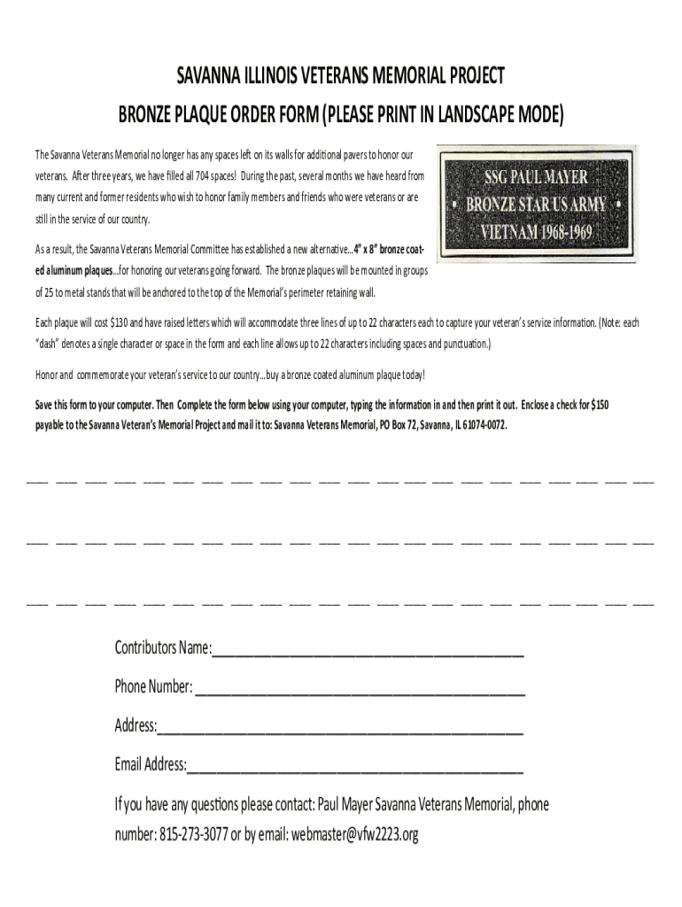 Fillable Online Plaque Order Forms - Savanna Veterans Memorial Fax ...