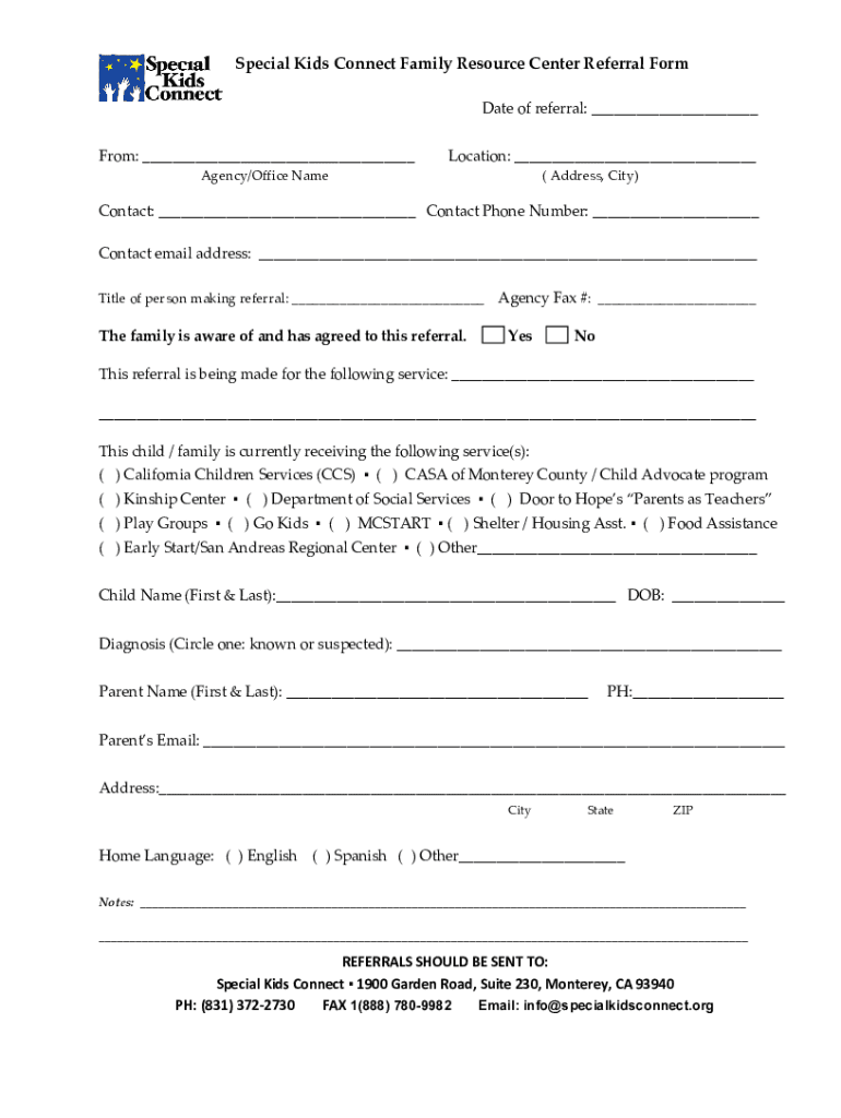 Fillable Online Special Kids Connect Family Resource Center Referral ...