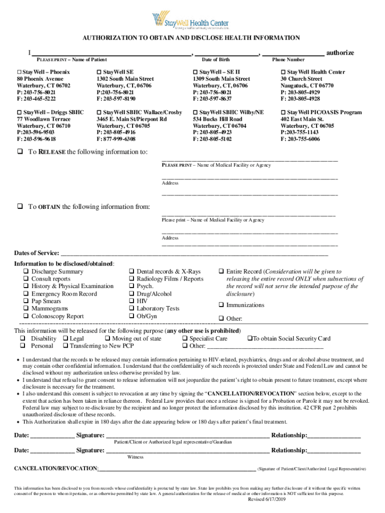 Fillable Online Authorization to obtain and disclose ... - StayWell ...