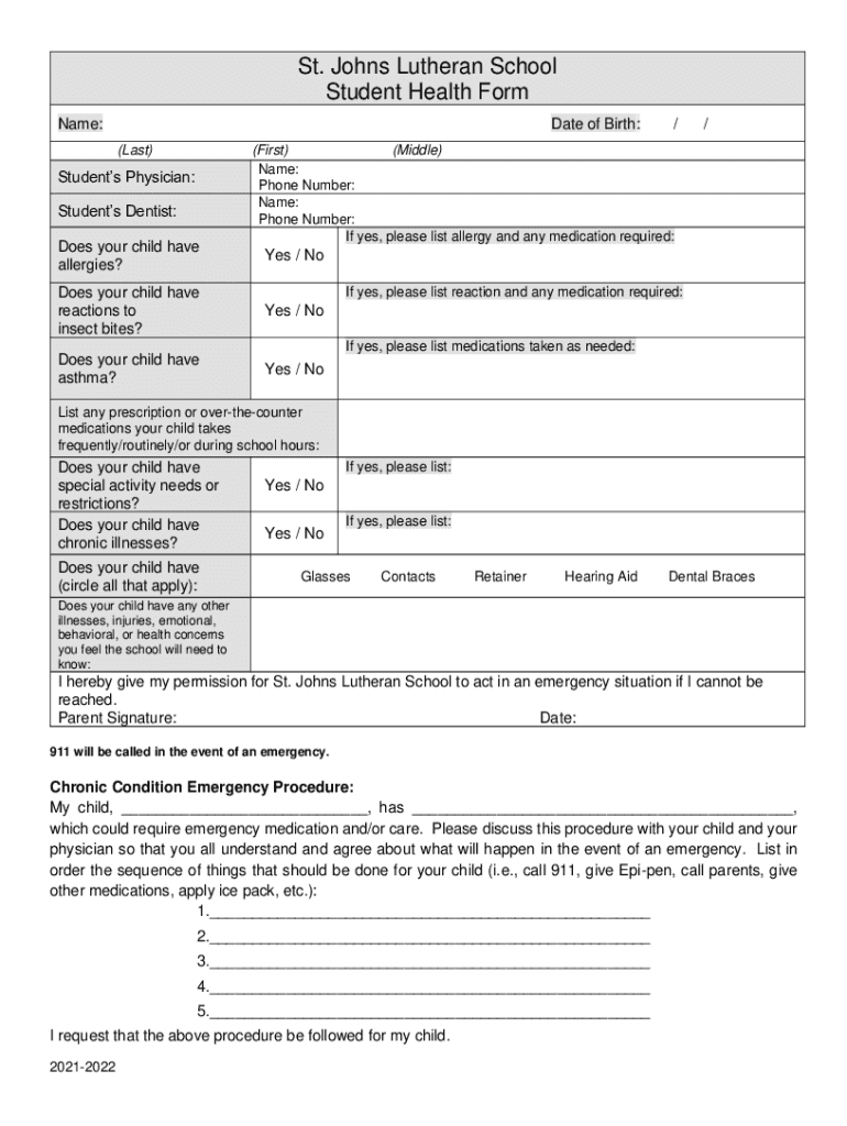 Fillable Online St. Johns Lutheran School Student Health Form Fax Email ...