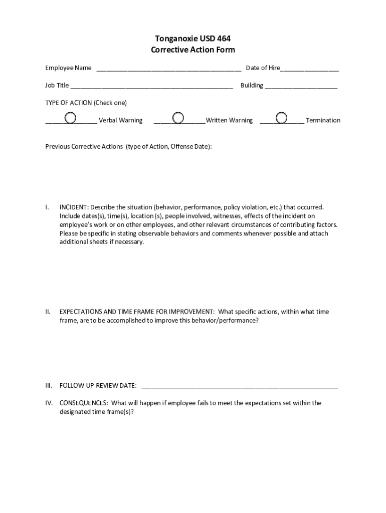 Fillable Online Tonganoxie USD 464 Corrective Action Form Fax Email ...