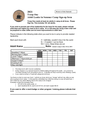 Fillable Online Adult Leader in Summer Camp Sign-up form Fax Email ...