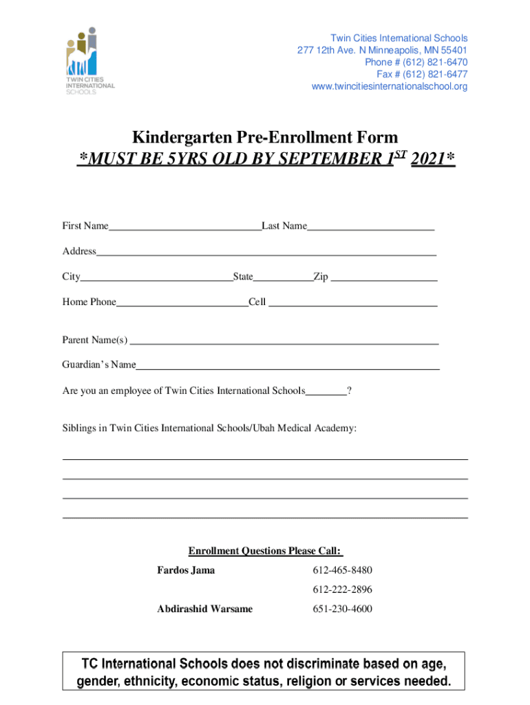 Fillable Online Fillable Online Kindergarten Pre-Enrollment Form *MUST ...