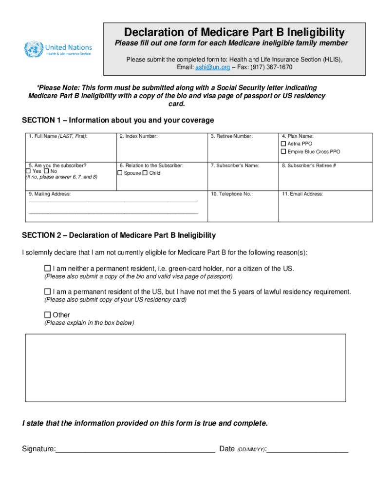 Fillable Online Declaration of Medicare Part B Ineligibility Fax Email ...