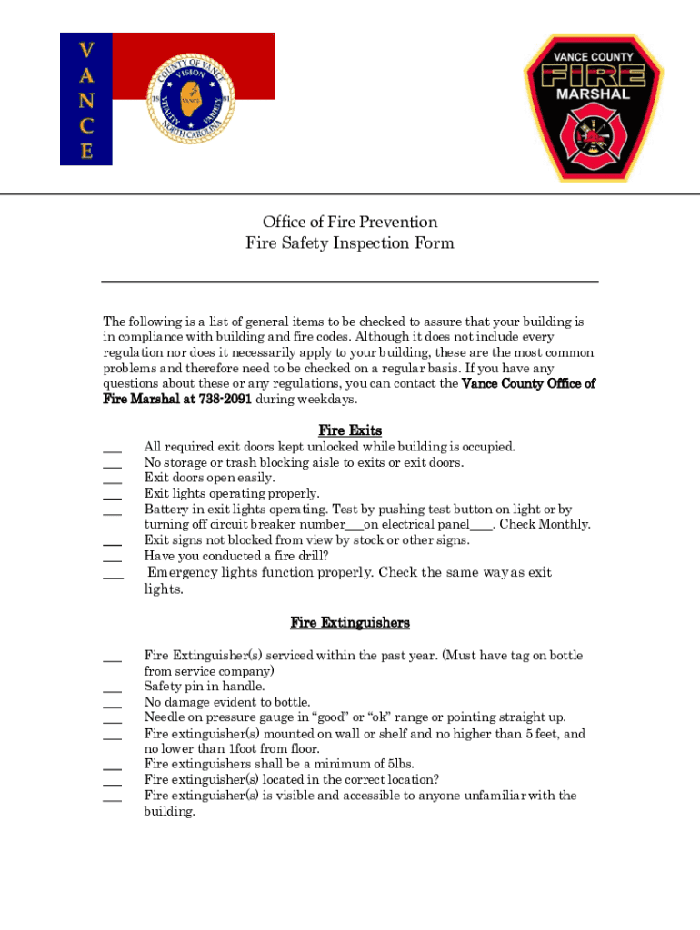 Fillable Online FIRE SAFETY INSPECTION FORM PDF - City of Sanford, NC ...