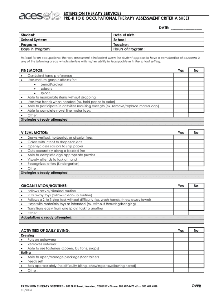 Fillable Online Occupational Therapy Assessment - Fill and Sign ...