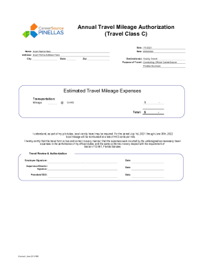 Fillable Online Annual Travel Mileage Authorization (Travel Class C) Fax Email Print - pdfFiller