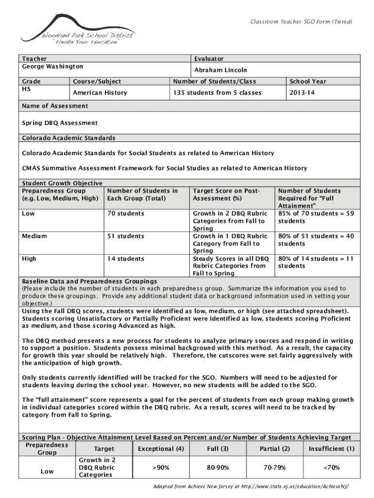 Fillable Online Student Growth Objective Form - Woodland Park School ...