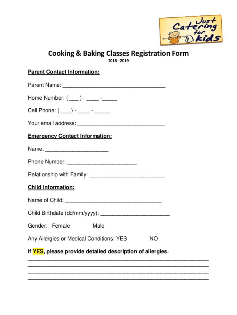 Fillable Online Cooking & Baking Classes Registration Form Fax Email ...