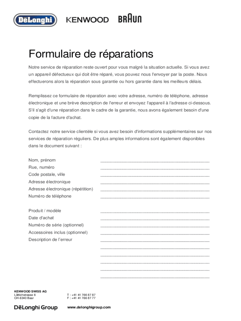 Remplissable En Ligne Formulaire de rparations Fax Email Imprimer ...
