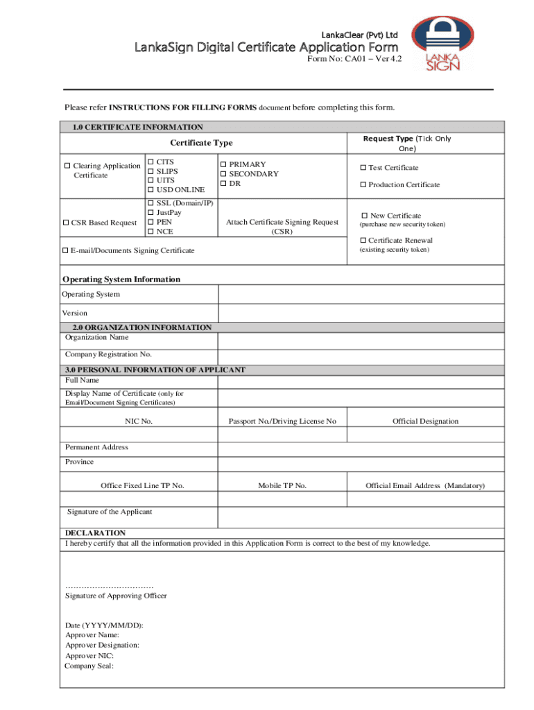 Fillable Online LankaSign Digital Certificate Server Application form ...