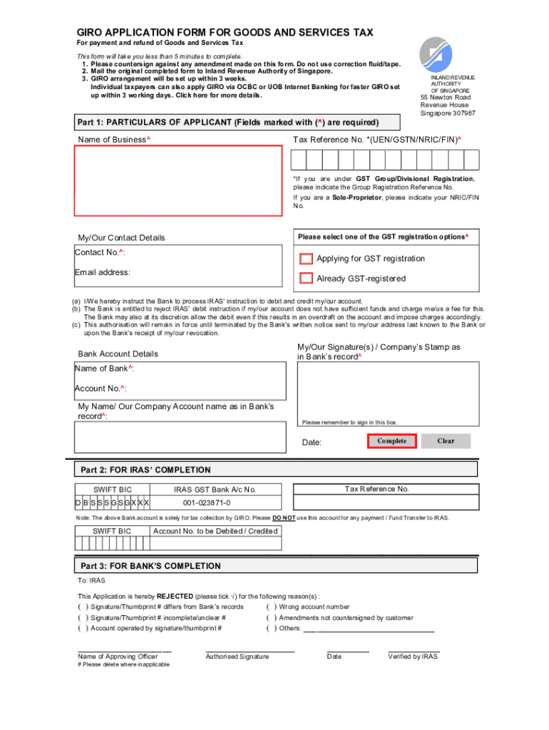 Fillable Online GIRO APPLICATION FORM FOR GOODS AND SERVICES TAX - iras ...