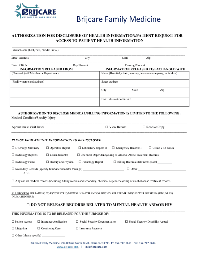 Fillable Online AUTHORIZATION FOR DISCLOSURE OF HEALTH INFORMATION ...
